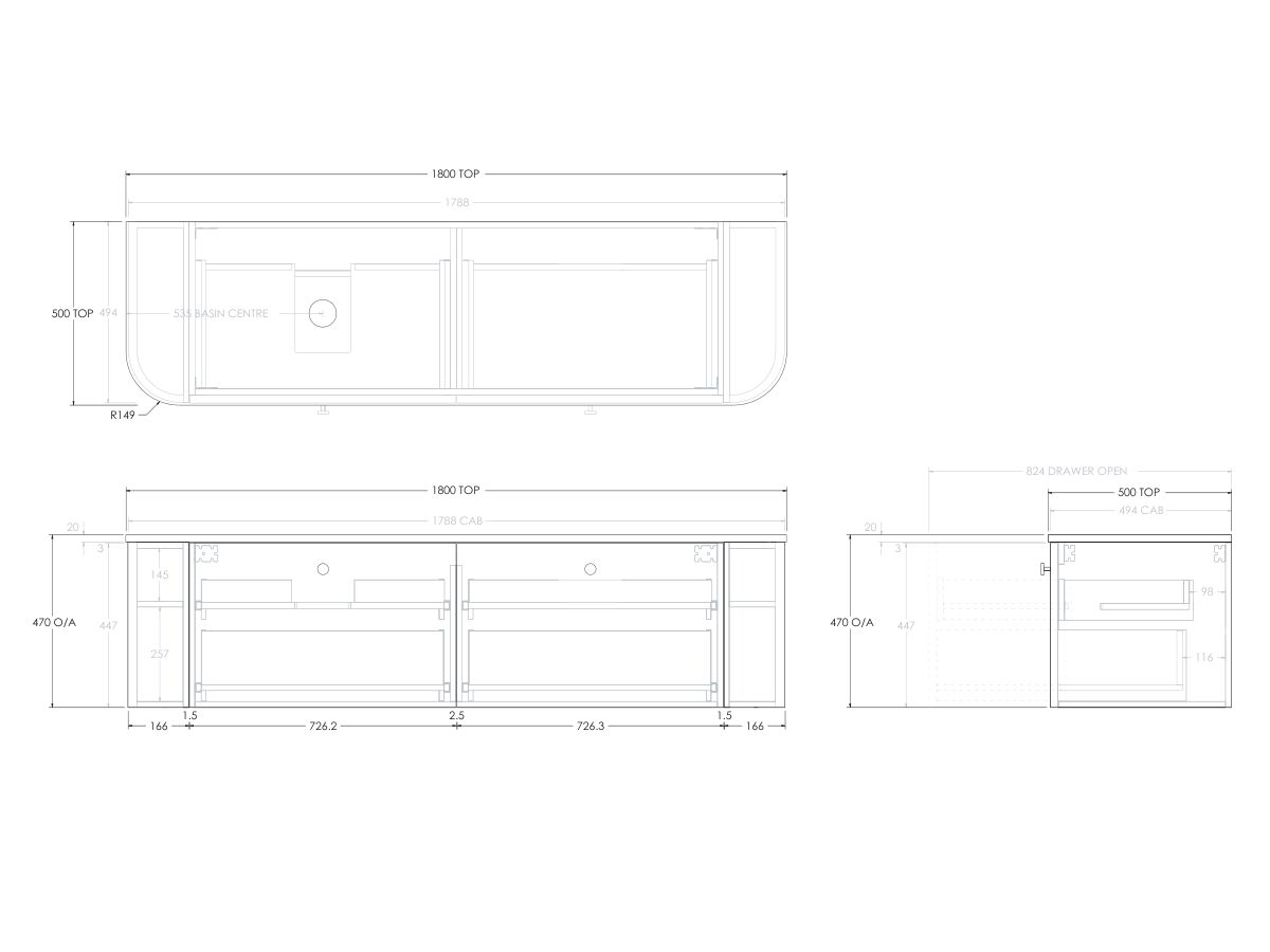 Kado Era Double Curve All Drawer 1800mm Wall Hung Vanity with Left Hand ...