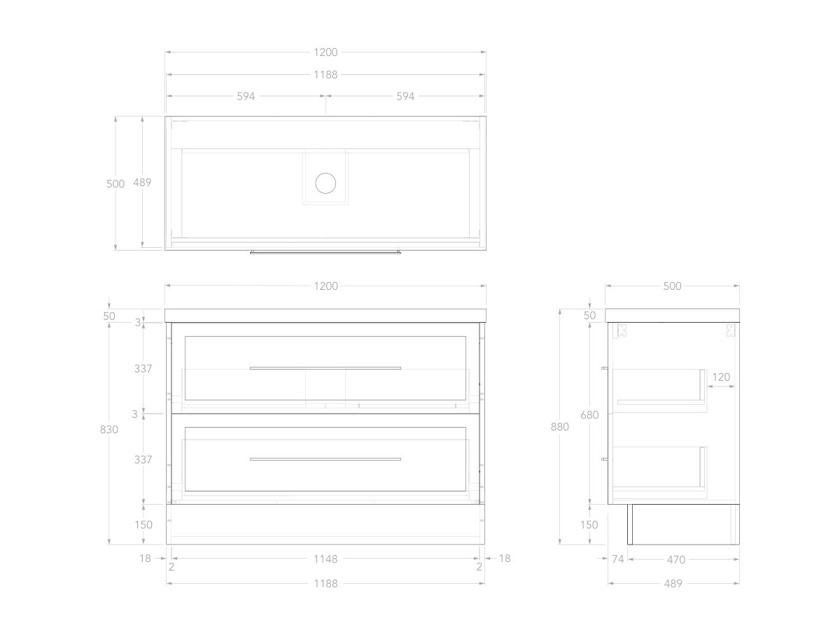 Kado Lux 1200mm All Drawer Floor Mounted Vanity Unit 2 Drawers Single ...