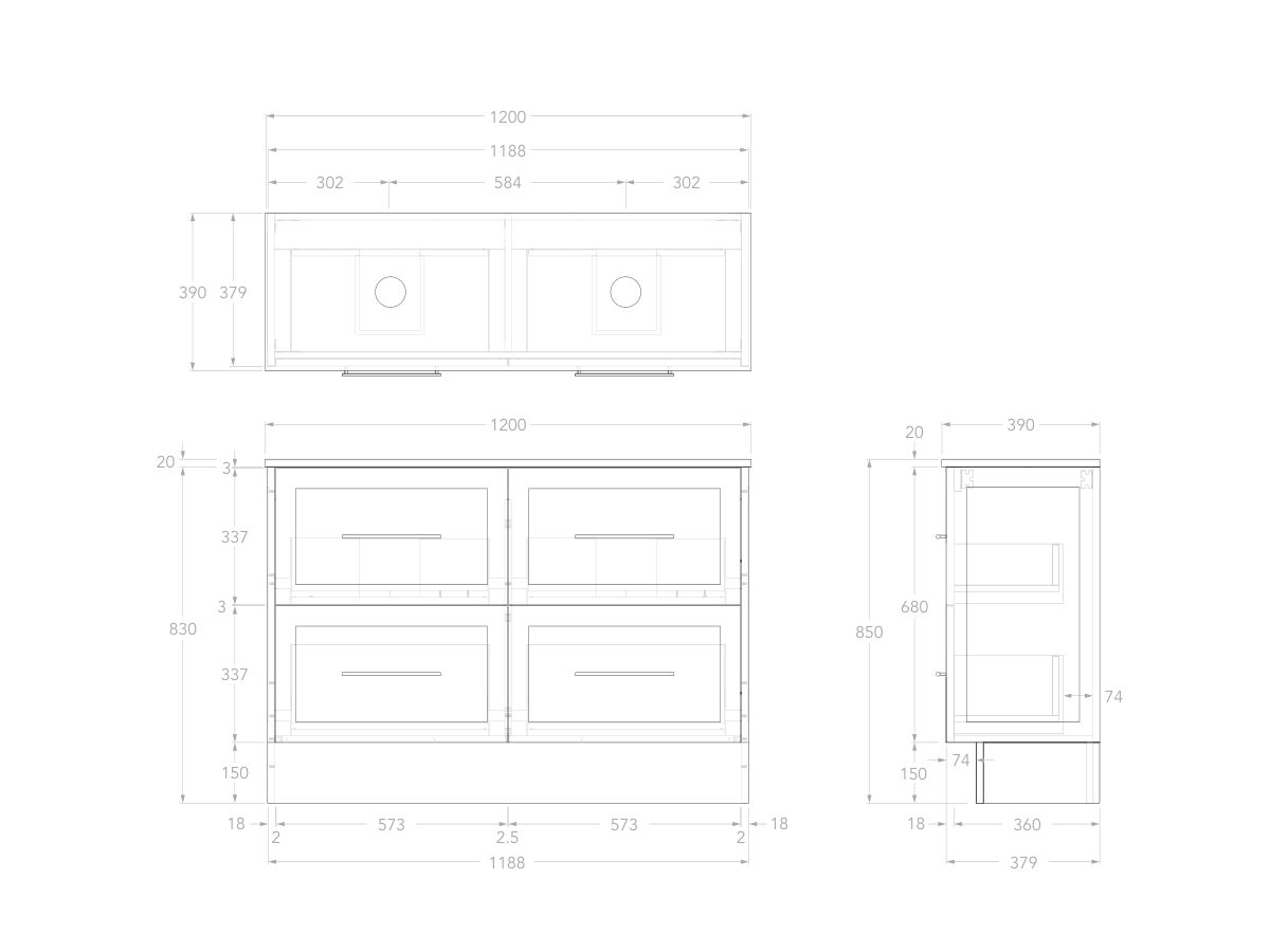 Kado Lux Ensuite All Drawer Twin 1200mm Floor Mount Double Basin 20mm ...