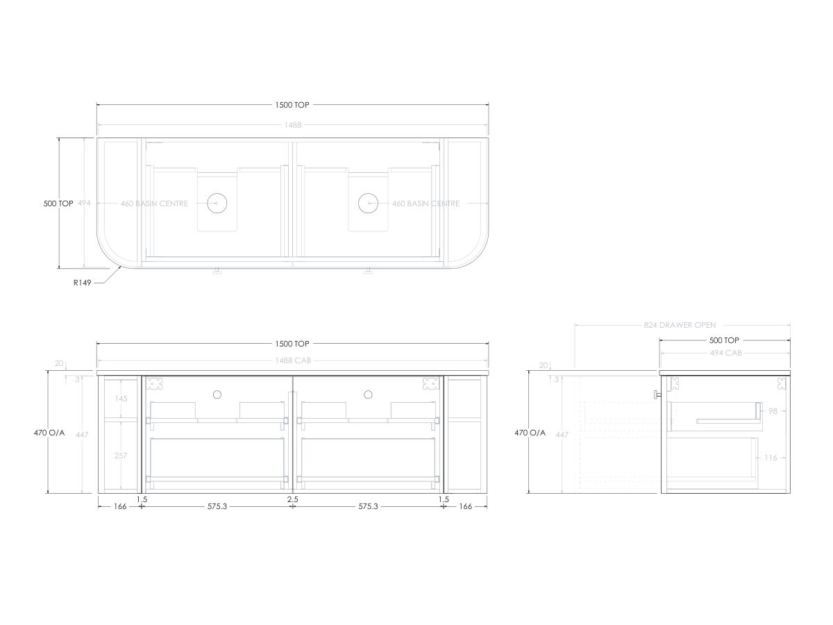 Kado Era Double Curve All Drawer 1500mm Wall Hung Vanity with Double ...