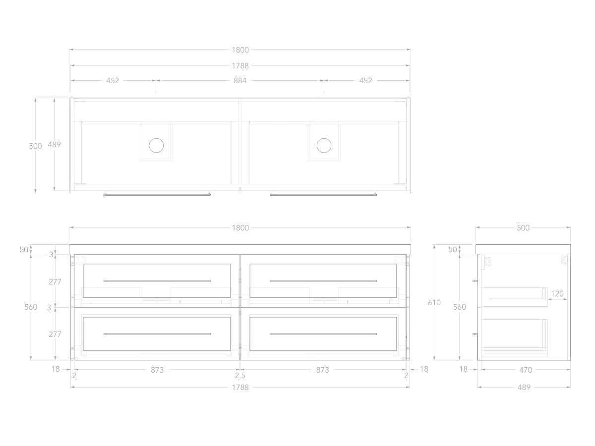 Kado Lux All Drawer 1800mm Wall Hung Vanity Double Basin 50mm Cherry ...