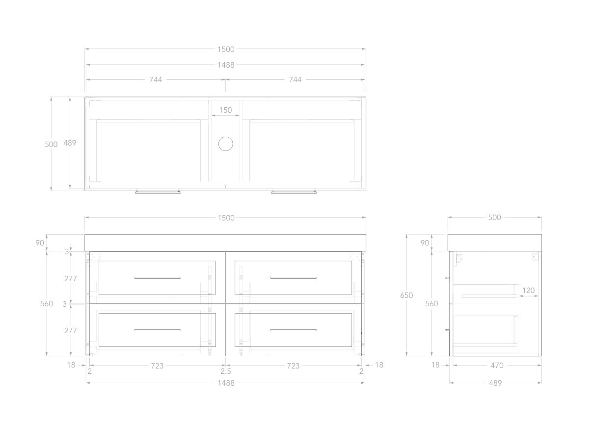 Kado Lux Drawer Vanity Unit Wall Hung 1500mm Centre Bowl 90mm Durasein ...