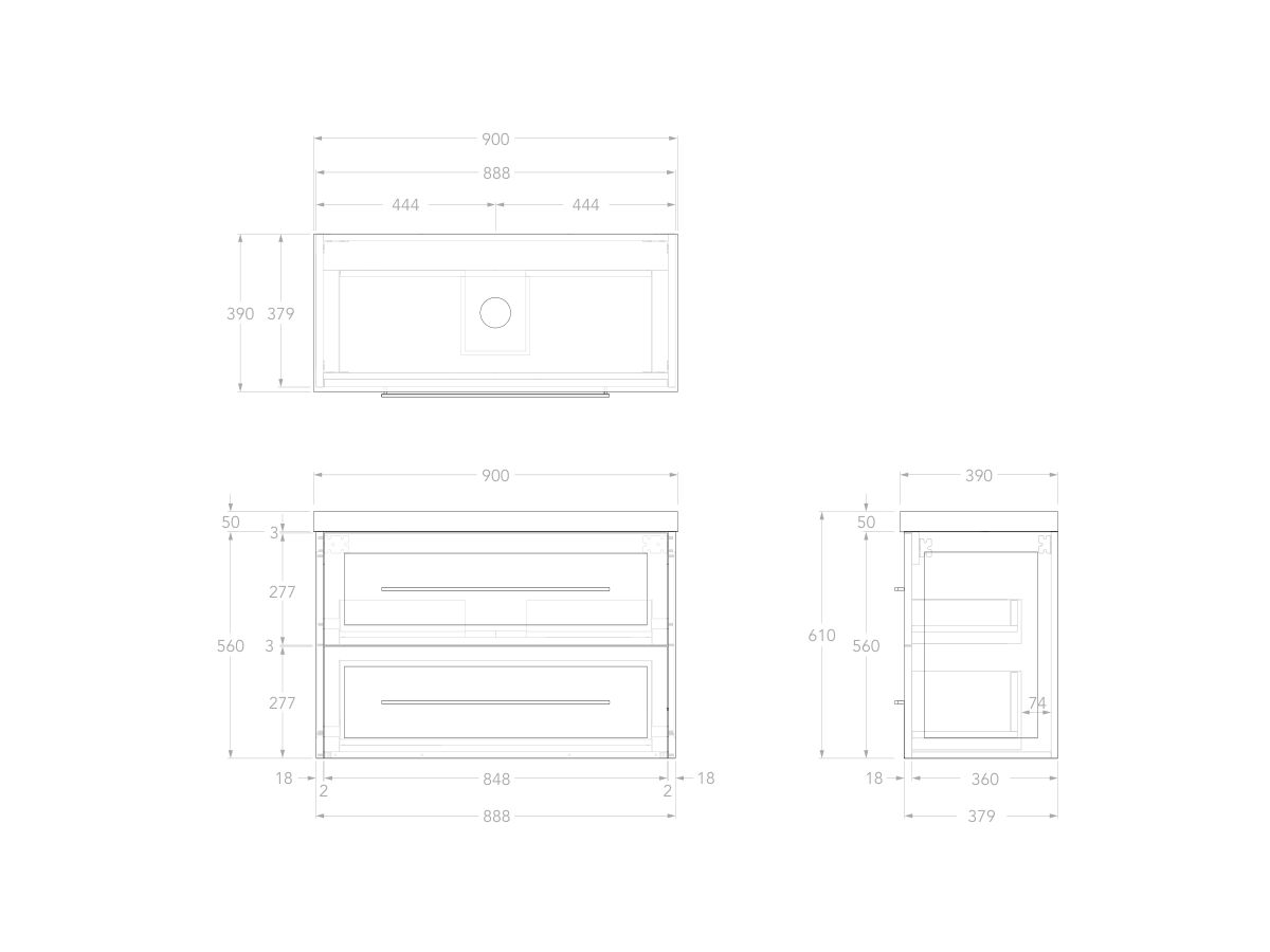 Kado Lux Ensuite All Drawer Twin 900mm Wall Hung Centre Basin 50mm ...