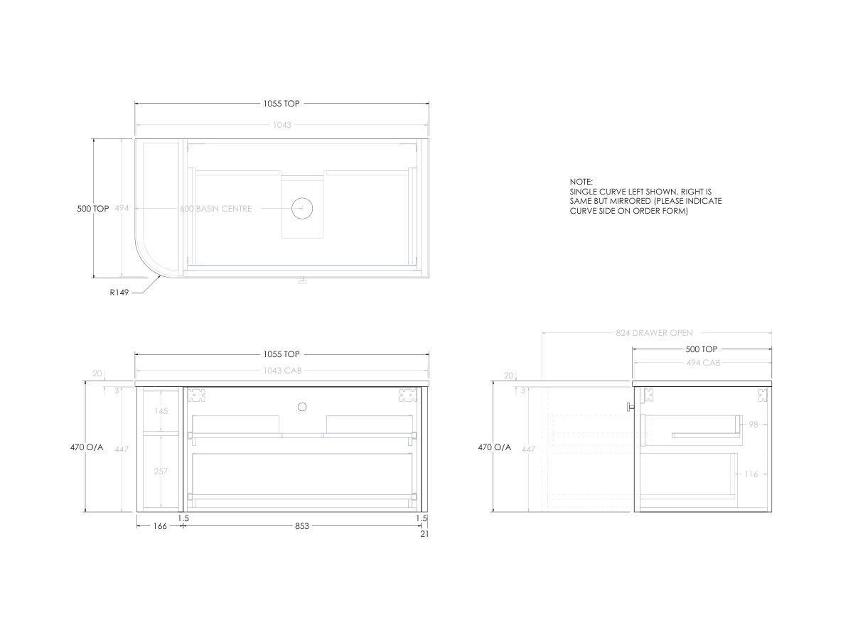 Kado Era Single Curve All Drawer 1050mm Wall Hung Vanity with Centre ...