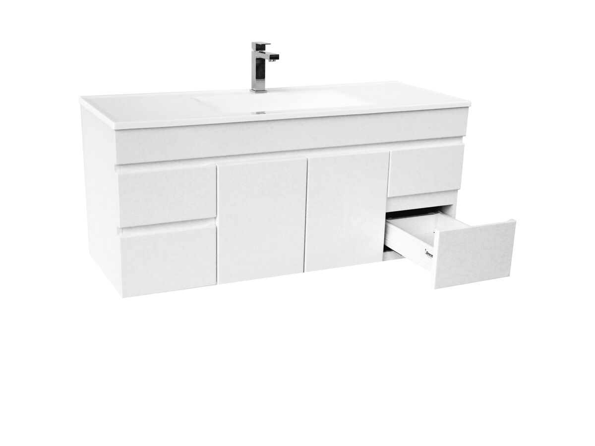Espire 1215mm Wall Hung Vanity Unit Single Bowl 2 Door 4 Drawers Wave ...