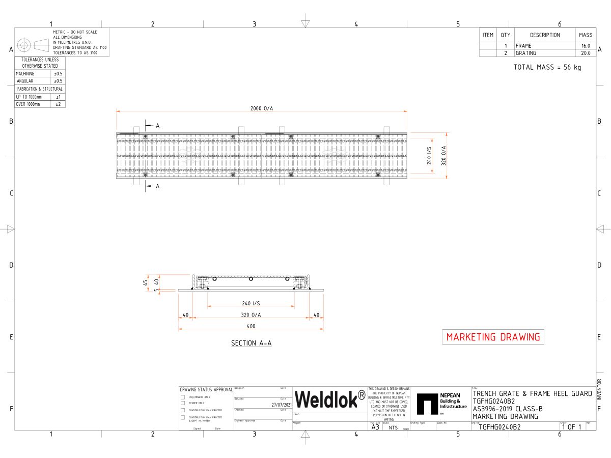 GMS Boltdown Heel Guard Trench Grate & Frame Class B Clear Opening ...