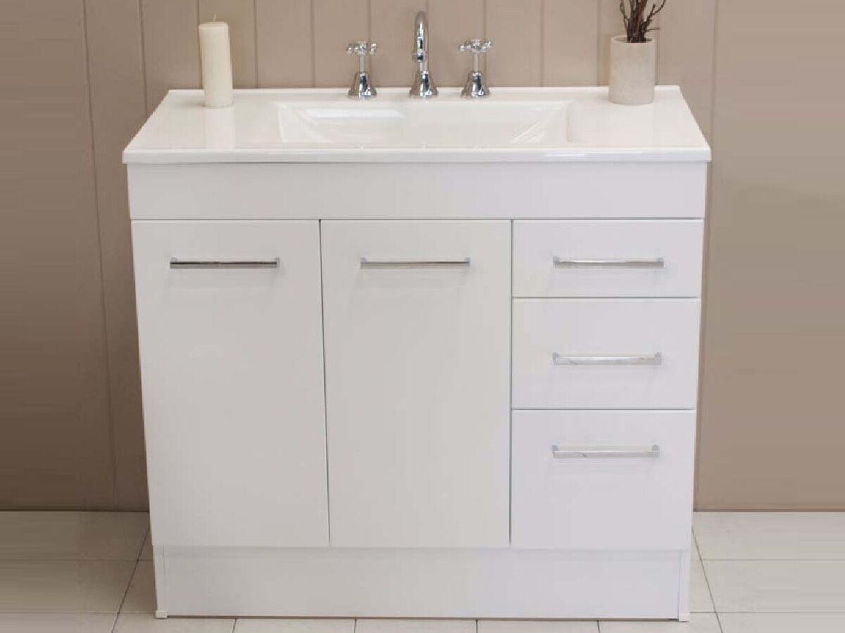 Adapt 910mm Vanity Unit with Kick 2 Doors 3 Drawers Single Bowl White ...
