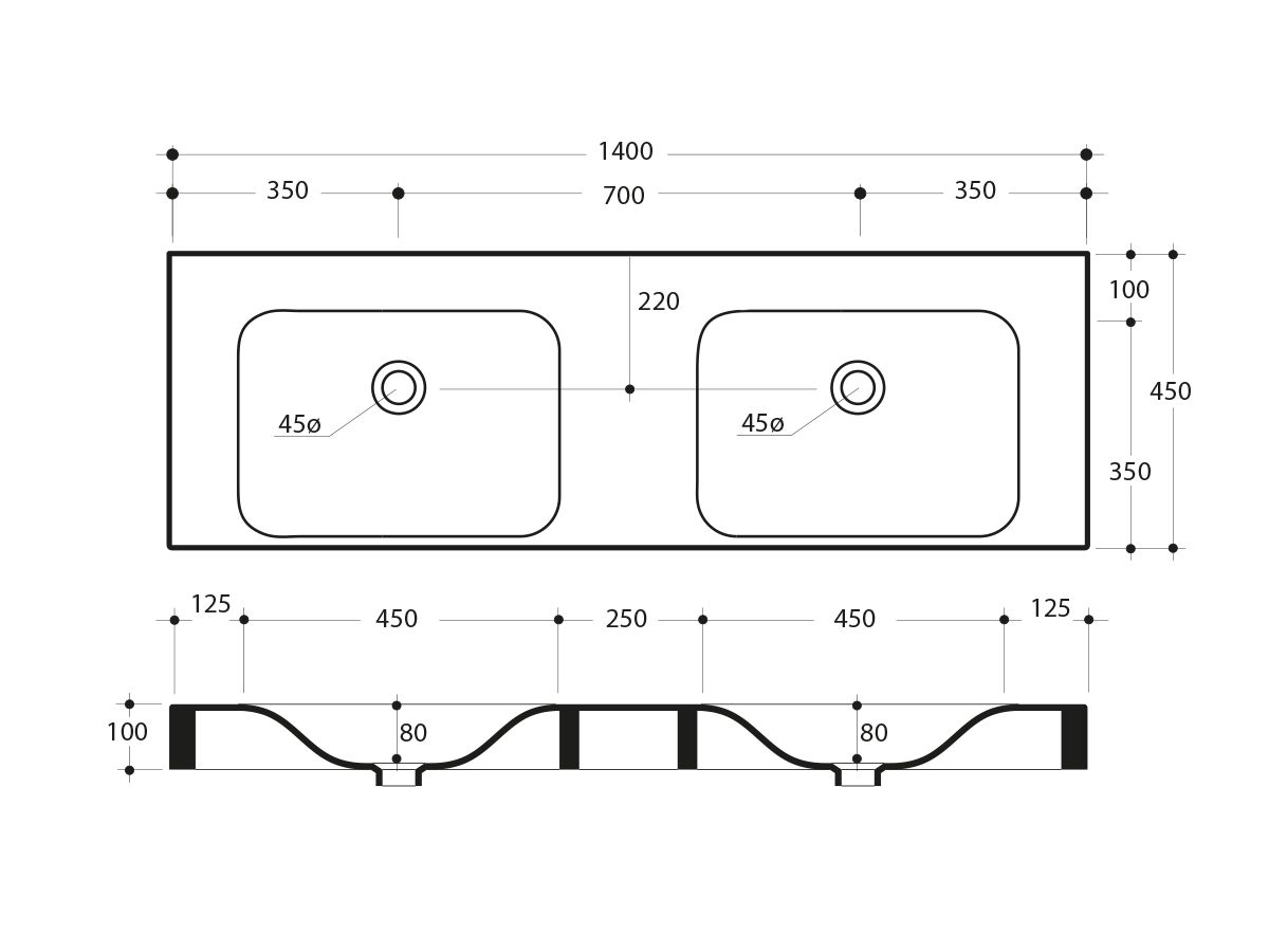 AXA Cento Wall Basin Double with Fixing No Taphole 1400mm White from Reece