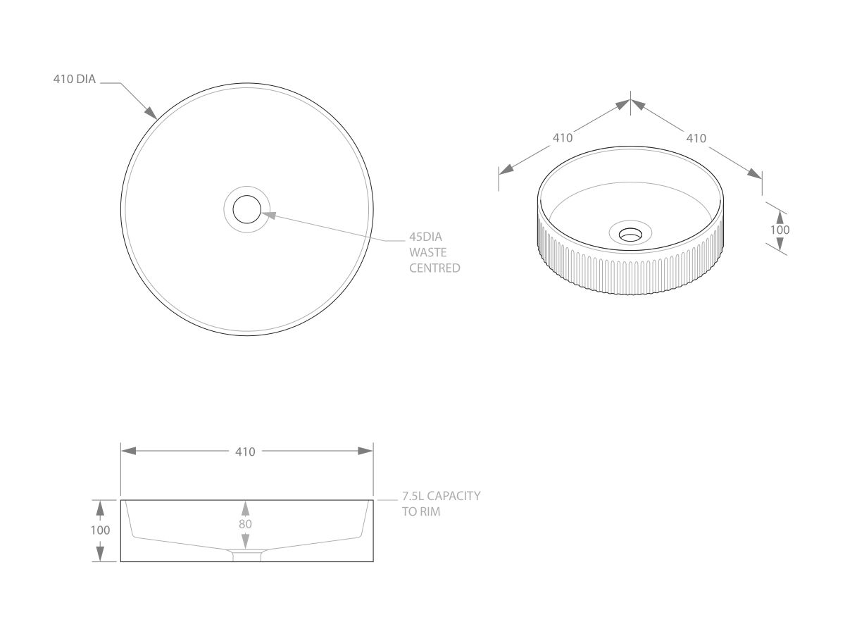 ADP Round Fluted Above Counter Basin 410mm x 100mm Gloss White from Reece