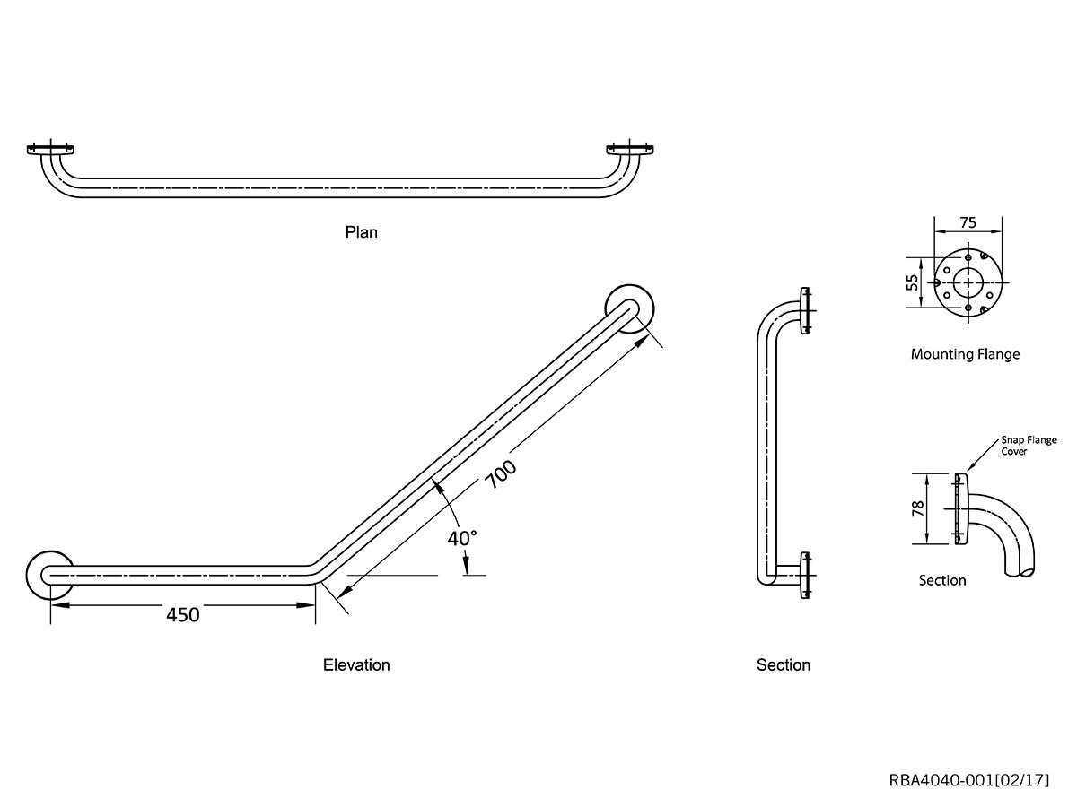 Grab Rail 40 Degree Angled 450mm x 700mm Left Hand Stainless Steel from ...