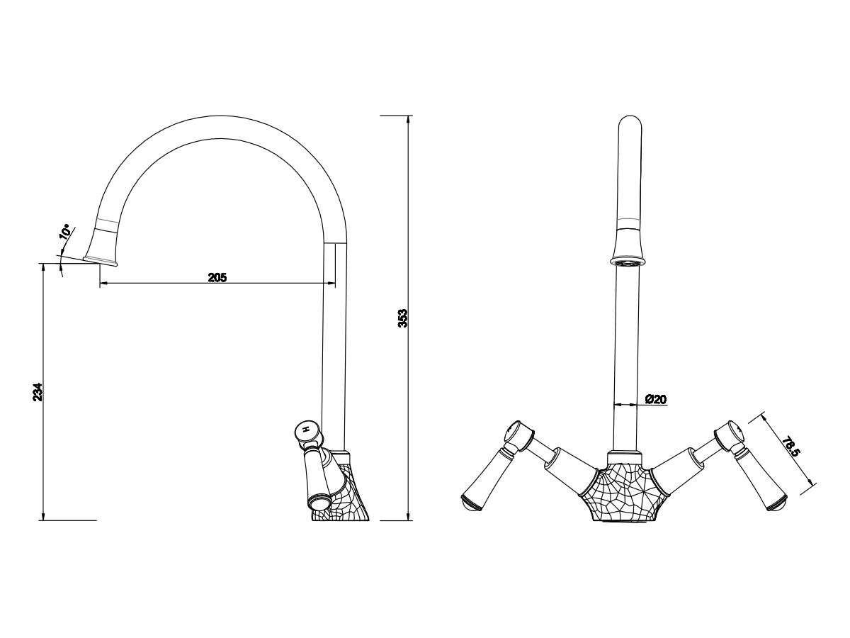 Posh Canterbury Gooseneck Sink Twinner Tap Large Lever Porcelain Handle ...