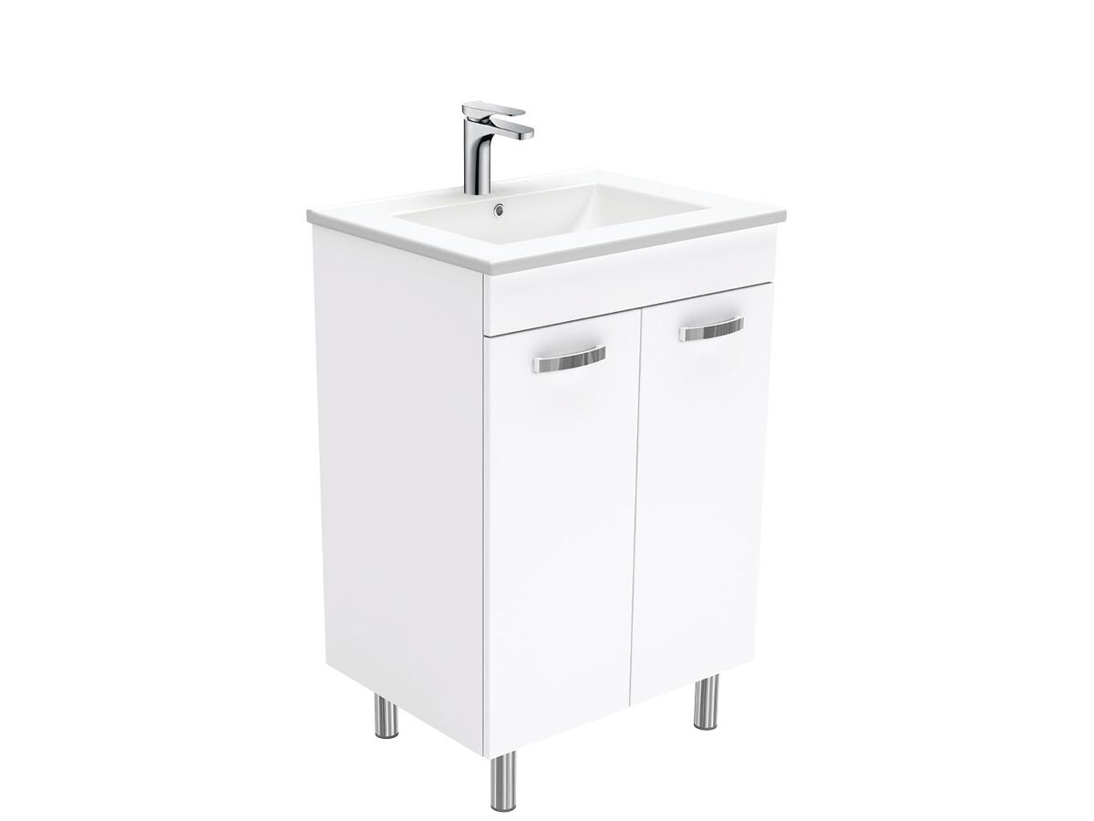 Fienza Dolce 600 Vanity with Ceramic Top and Uni Cabinet on Legs from Reece