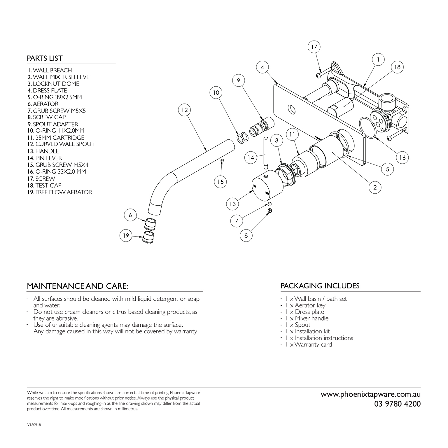 Phoenix Vivid Slimline Pin Up Basin / Bath Wall Mixer Tap Set Chrome (6 ...
