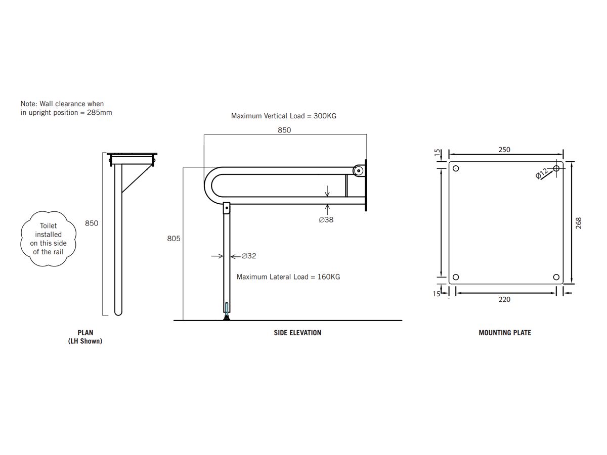 RBA Bariatric Drop Down Grab Rail Left Hand Stainless Steel from Reece