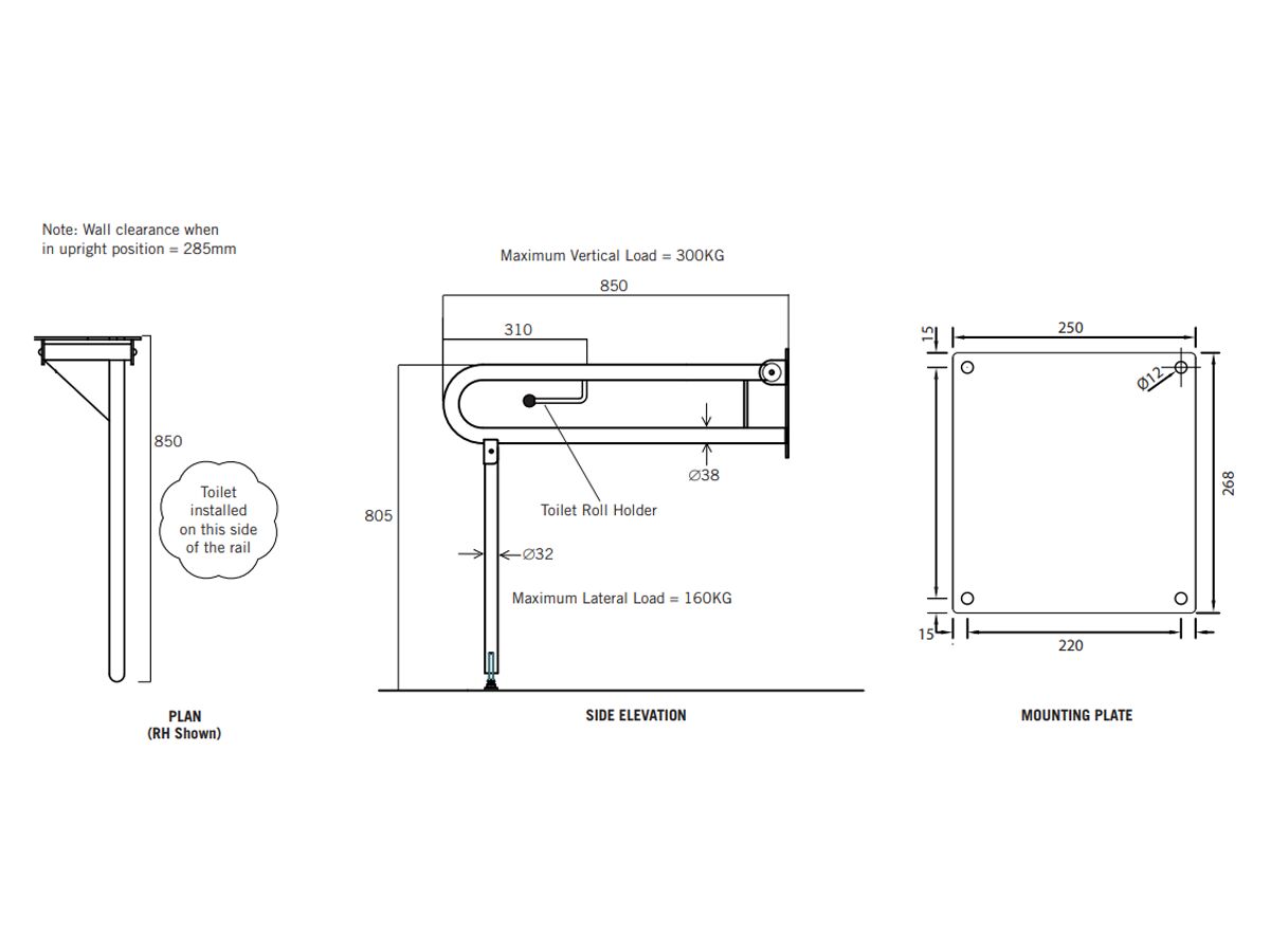 RBA Bariatric Drop Down Grab Rail with Toilet Roll Holder Right Hand ...