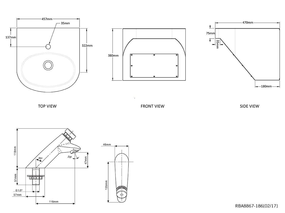 RBA Benefit Wall Mounted Basin with Compliant Tapware (6 Star ...