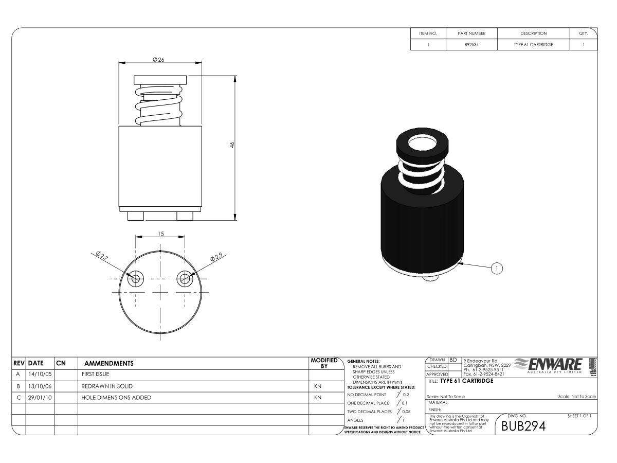 Enware Bubble Cock Cartridge Type 61 Brass from Reece