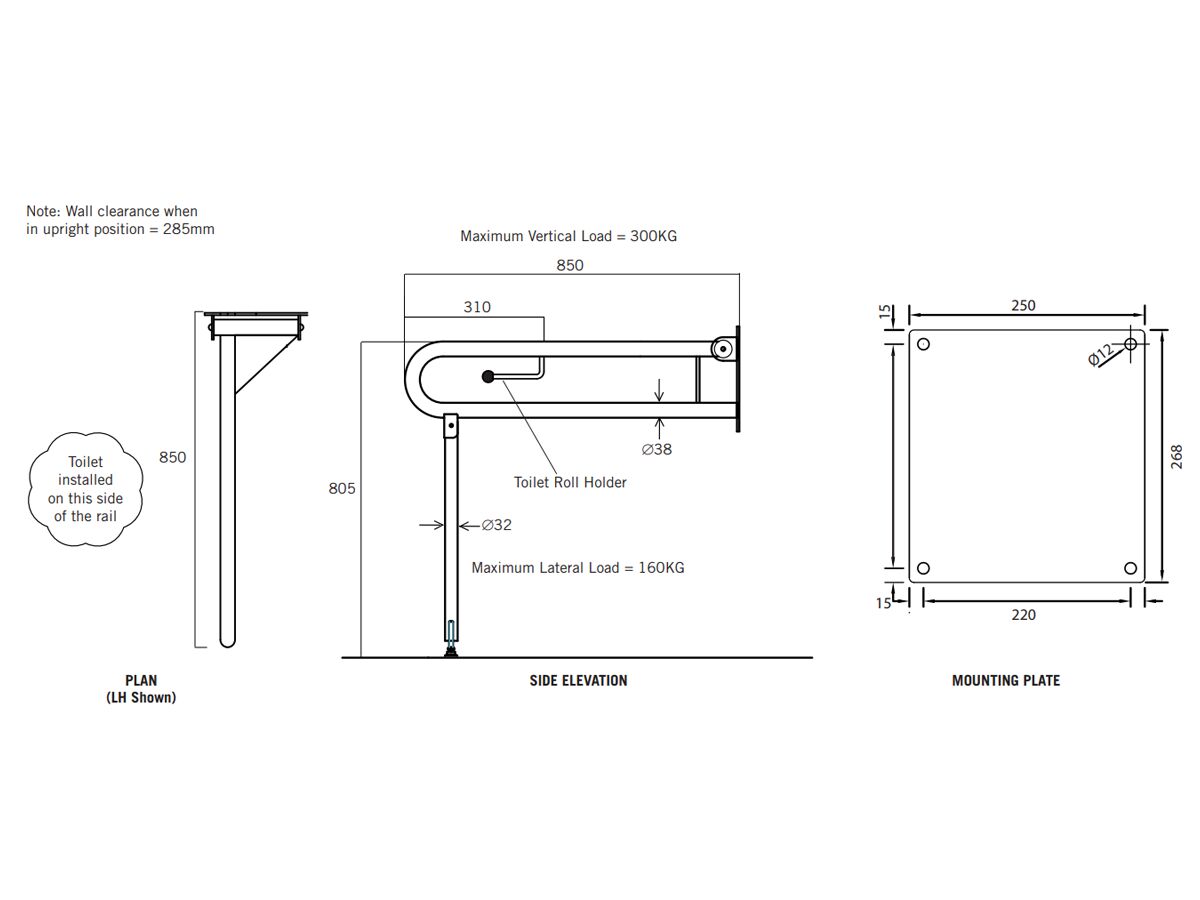 RBA Bariatric Drop Down Grab Rail with Toilet Roll Holder Left Hand ...
