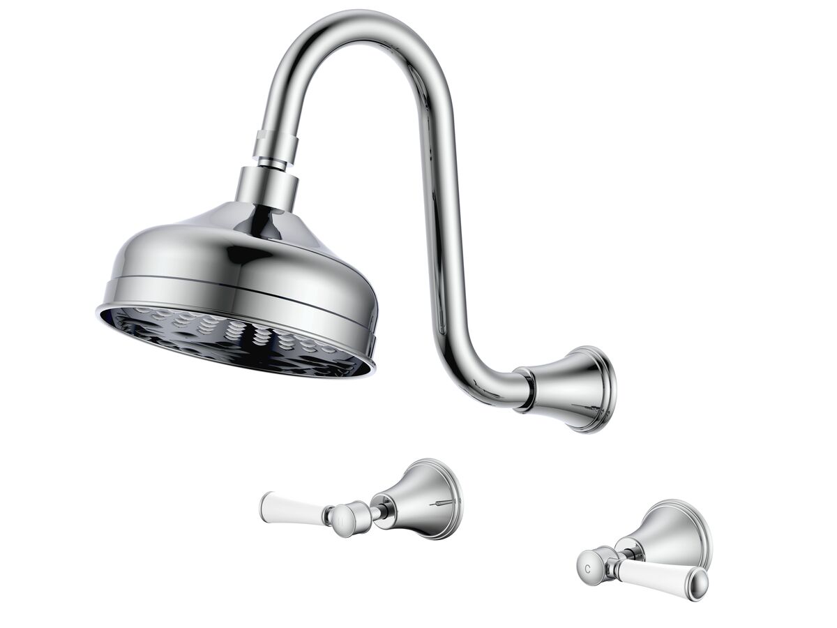 Posh Canterbury Gooseneck Shower Set Lever Porcelain Handles Chrome (3 ...