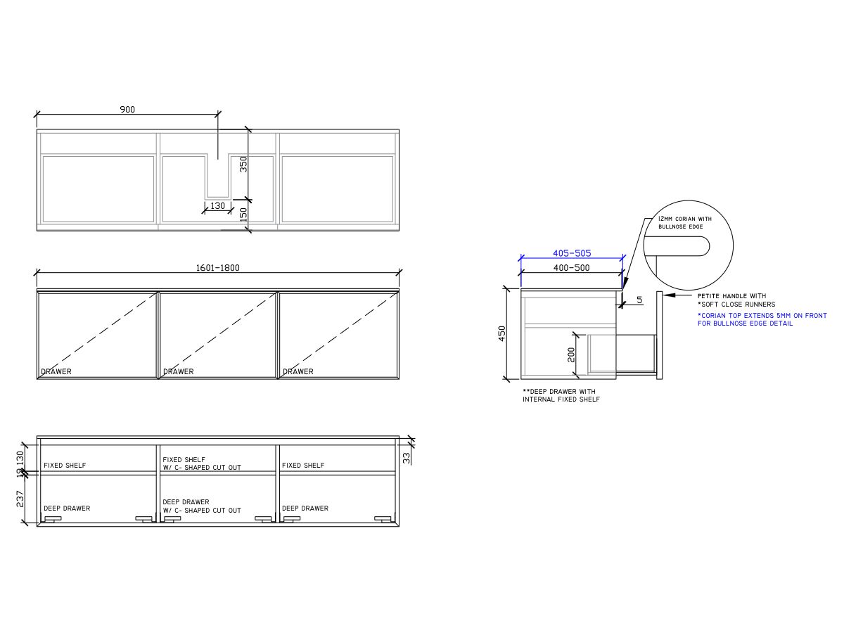ISSY Adorn Above Counter / Semi Inset Wall Hung Vanity Unit with Three Drawers & Internal ...