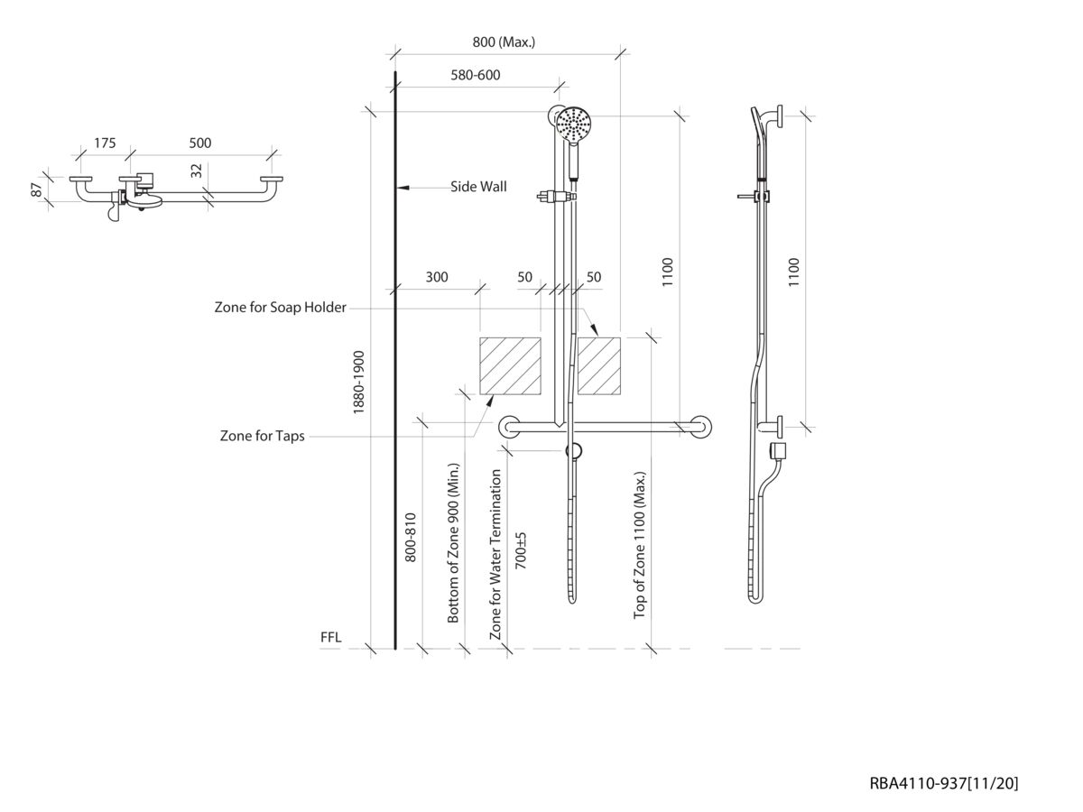 Shower T Rail Slider Handshower Set with 2 Metre Hose Left Hand (4 Star ...