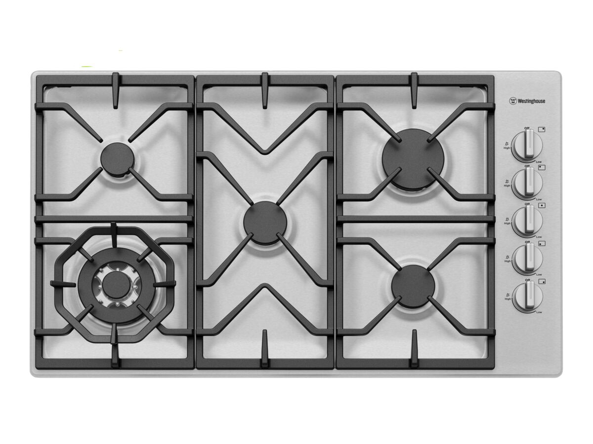 Westinghouse WHG955SB 5 Burner Gas Cooktop 90cm Cast Trivet Stainless ...