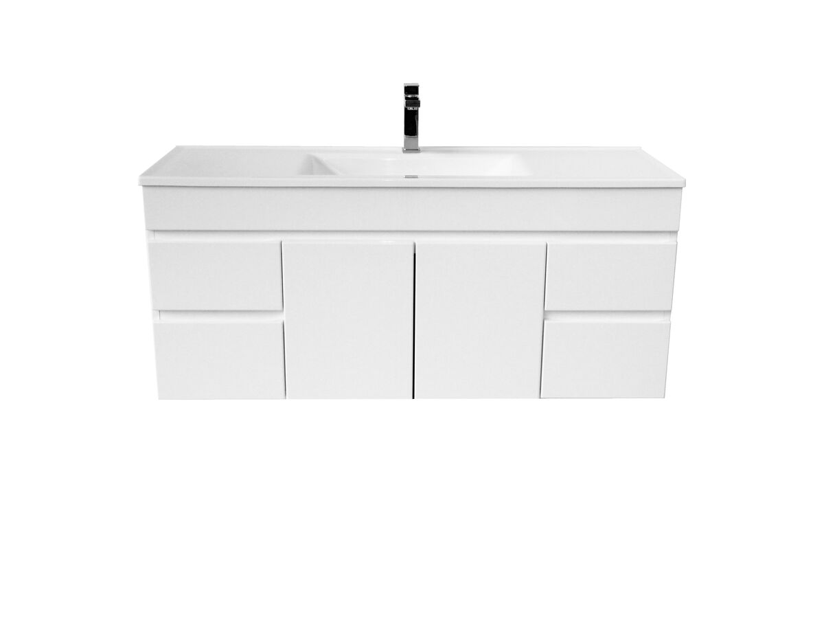 Espire 1215mm Wall Hung Vanity Unit Single Bowl 2 Door 4 Drawers Wave ...